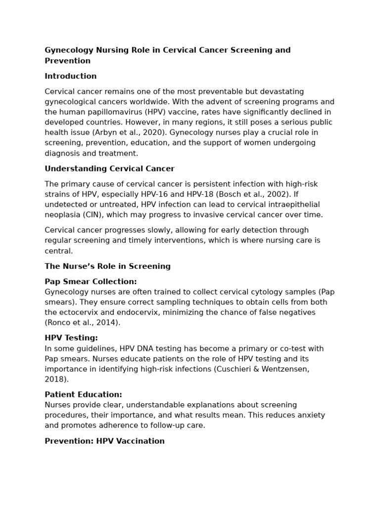Gynecology Nursing Role in Cervical Cancer Screening and Prevention ...
