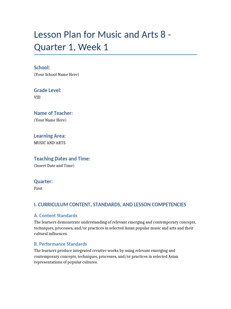 Emerging Asian Arts: Week 1 Lesson Plan | PDF | Learning | Lesson Plan