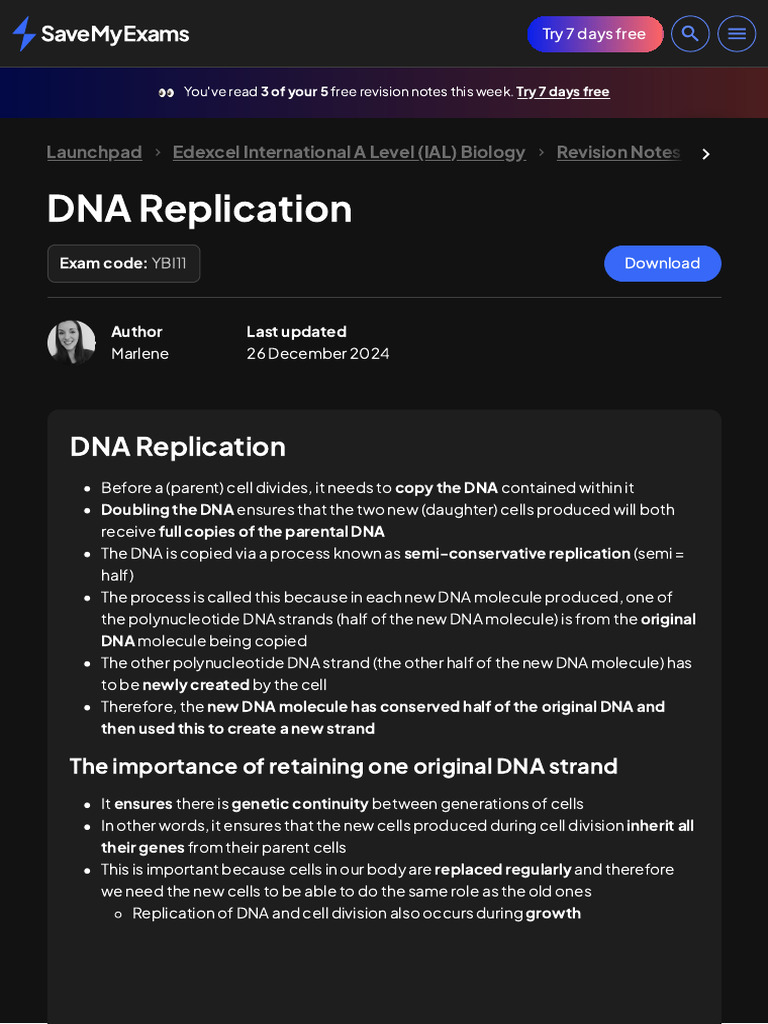 DNAReplicationEdexcelInternationalALevel (IAL) BiologyRevisionNotes2018 ...