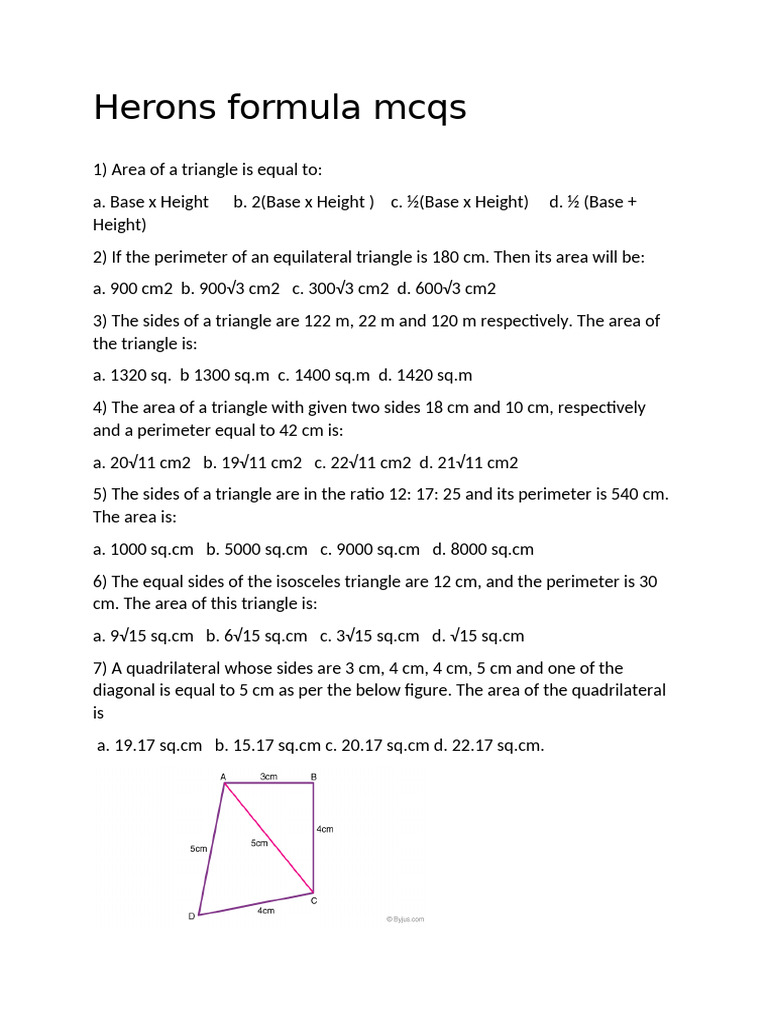 Herons Formula Mcqs | PDF | Area | Triangle
