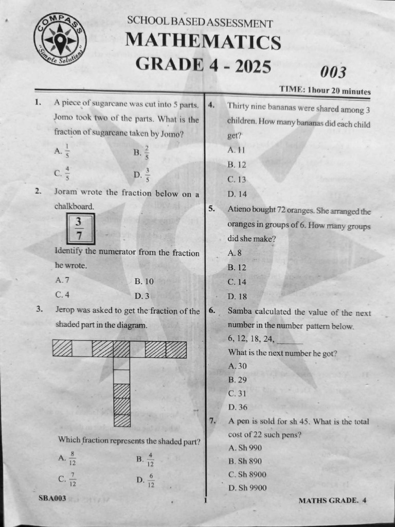 Grade 4 003 School Based Assessment All Subjects With Marking Scheme ...