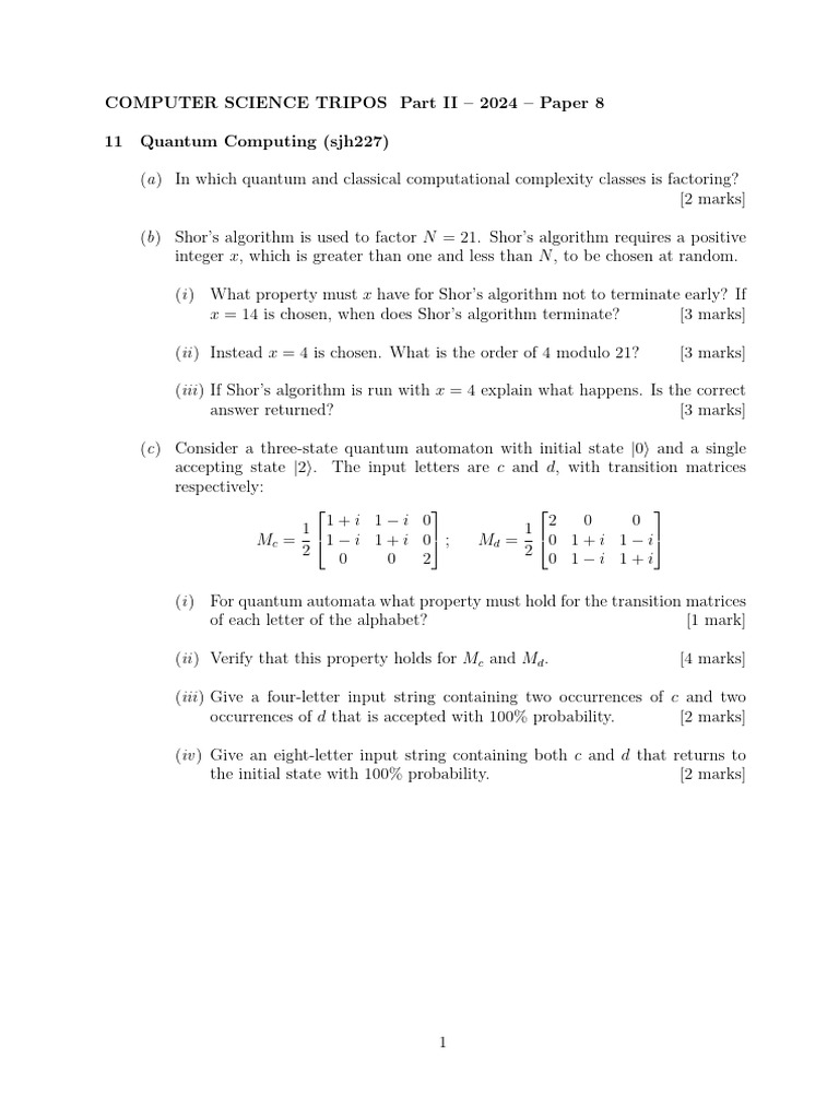 Computer Science Tripos Part Ii - 2024 - Paper 8 Quantum Computing ...