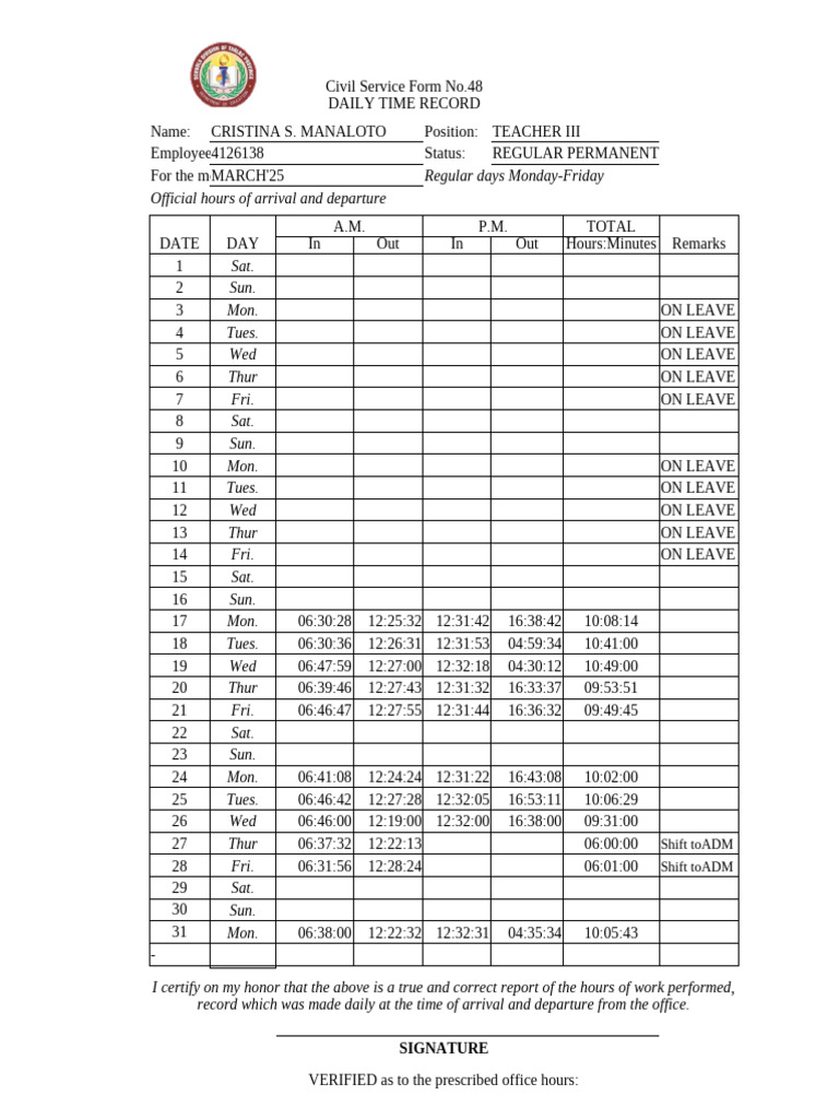 Template DTR MARCH 2025 Tins | PDF