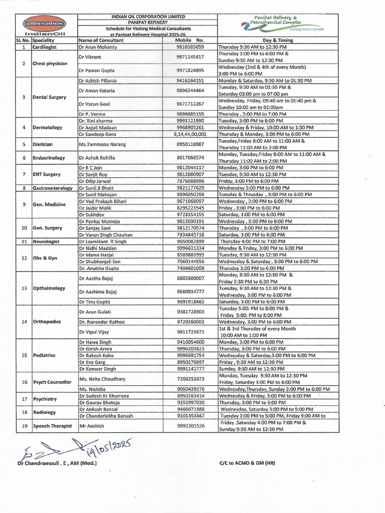 Visiting Doctors Schedule 2025-26 | PDF