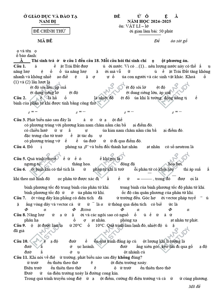 139. Đề thi thử TN THPT năm 2025 - Sở Nam Định - Mã 1301 | PDF