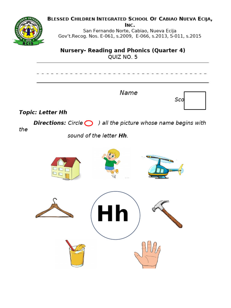 Letter Hh Phonics Quiz for Nursery | PDF
