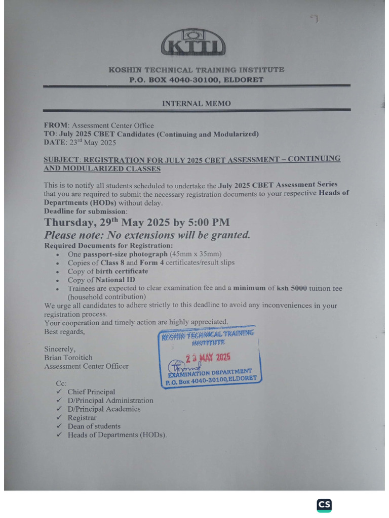 July 2025 TVET - CDACC Assessment Registration | PDF