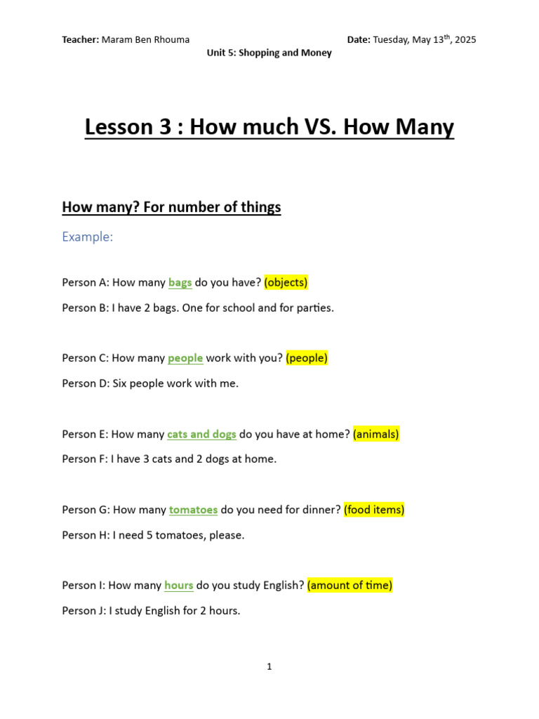 How Much vs. How Many Lesson | PDF