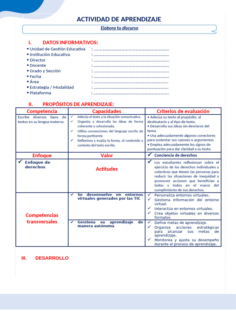 1 ACT. SEM. 15 OK Elabora Tu Discurso | PDF | Evaluación | Aprendizaje