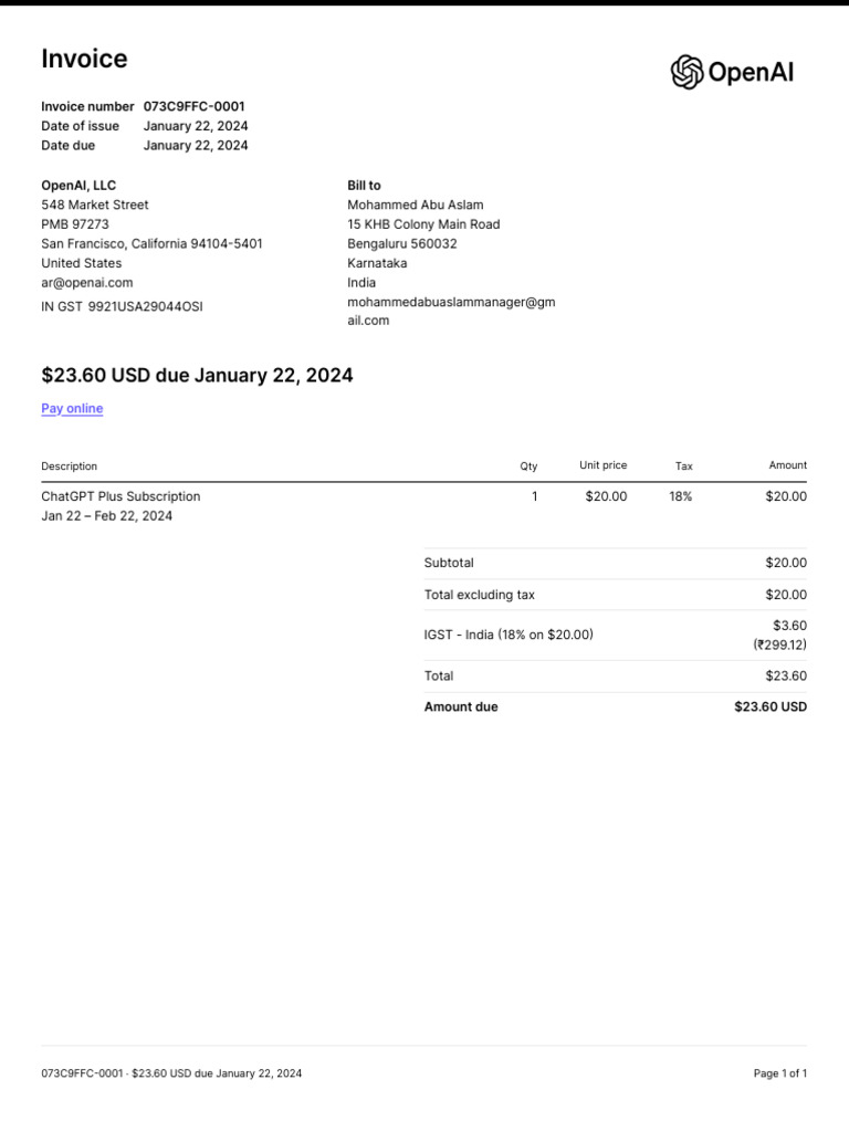 ChatGPT Plus Invoice - $23.60 Due | PDF