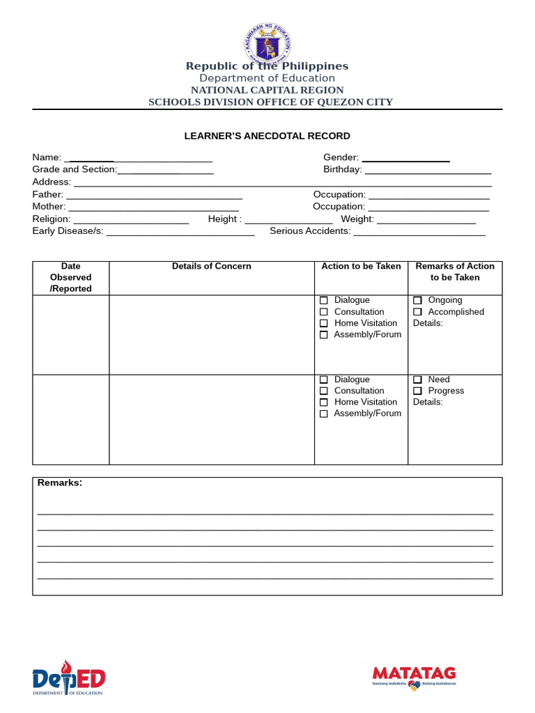 Learner's Anecdotal Record | PDF