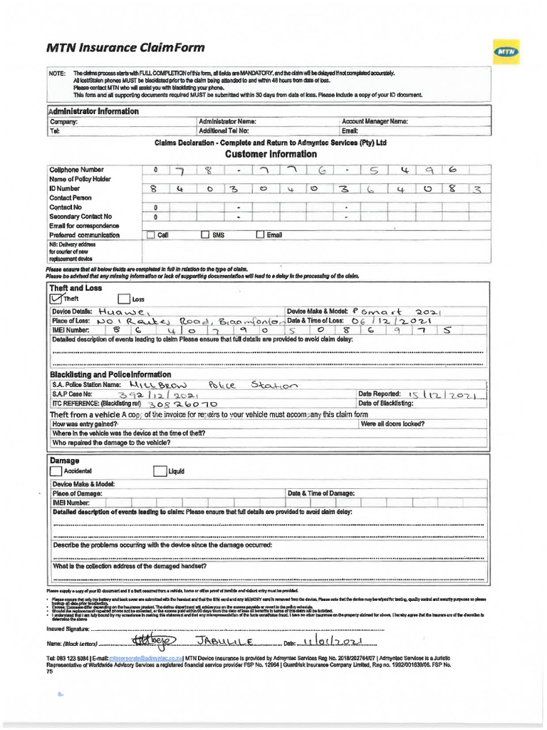 MTN Insurance Form | PDF