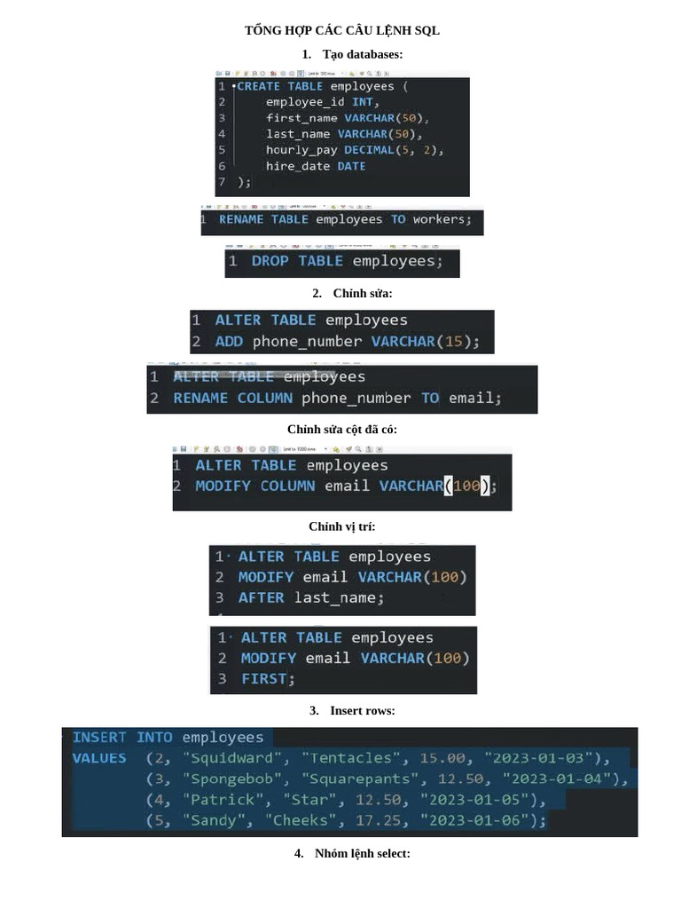 TỔNG HỢP CÁC CÂU LỆNH SQL | PDF