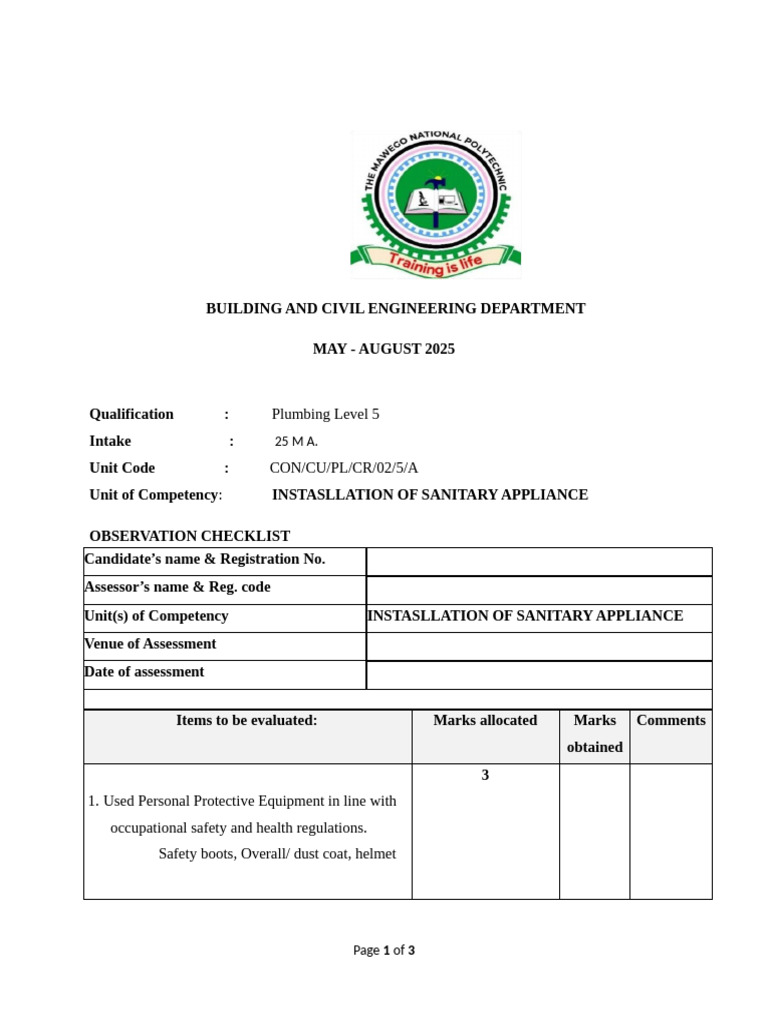 Sanitary Checklist WC 1-1 | PDF