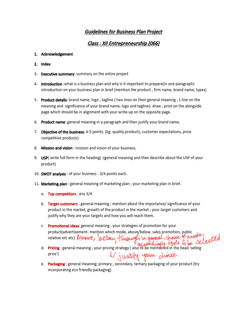 Business Plan Project Guidelines for XII | PDF