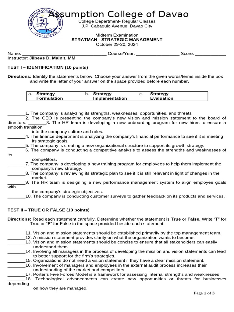 TQ JDM Stratman Midtermexam | PDF | Strategic Management | Goal