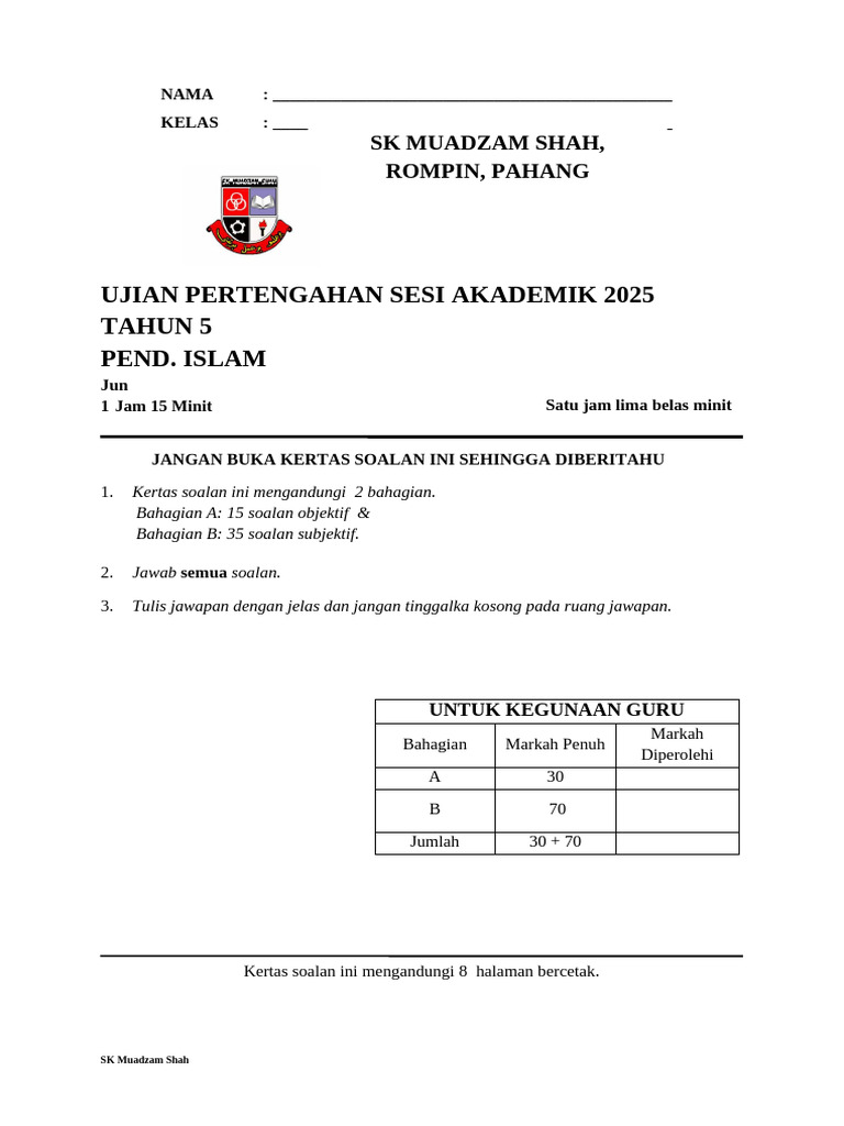 Contoh Muka Depan Uasa 2024 | PDF