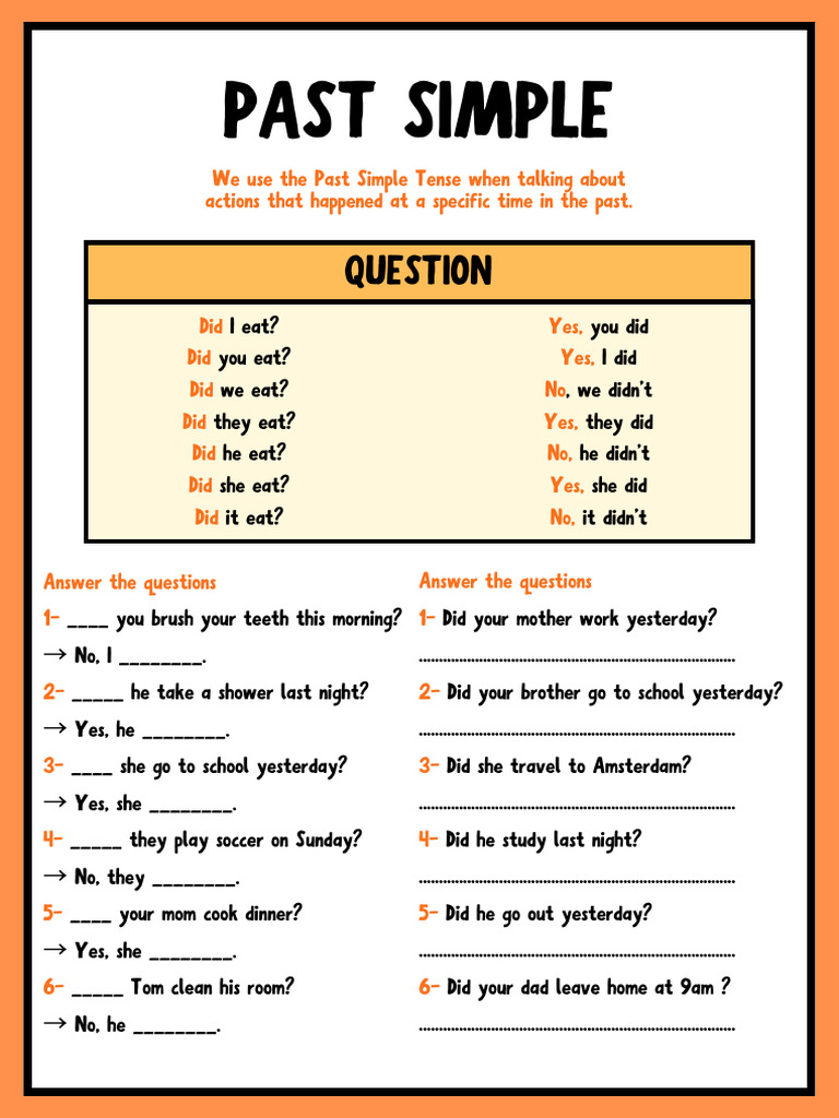 Past Simple Worksheet in Orange White Simple Style | PDF