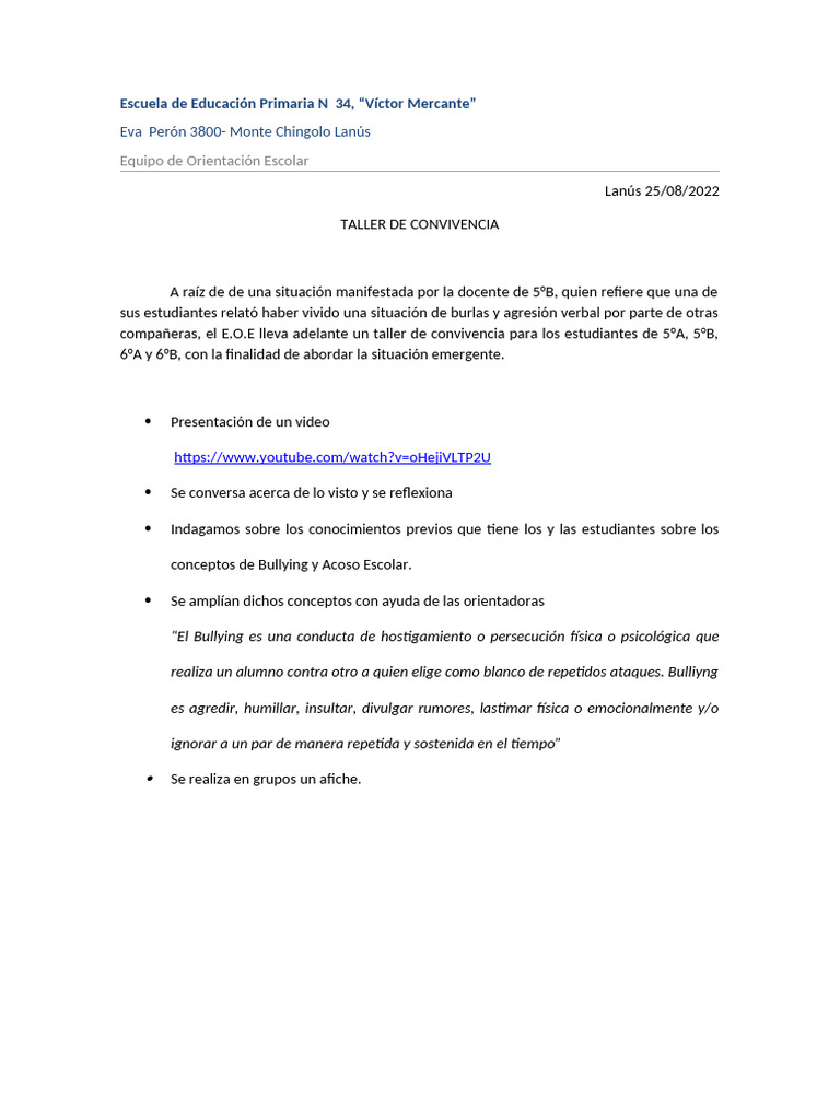 ESI- Taller de Convivencia- 2022- EOE | PDF