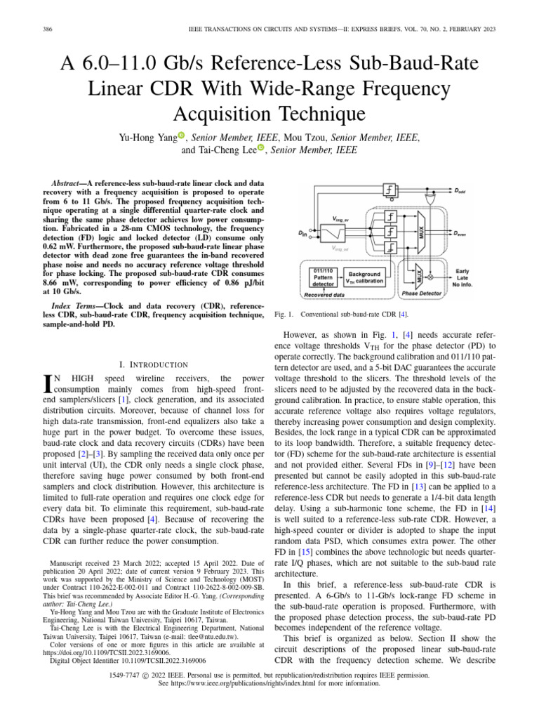 (2023) A 6-11 Gbs Reference-Less Sub-Baud-Rate Linear CDR With Wide ...
