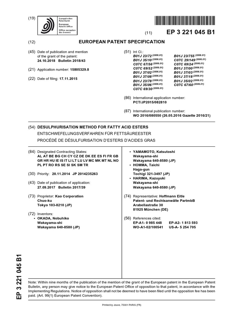Ep3221045b1-Desulphurisation Method For Fatty Acid Esters | PDF ...