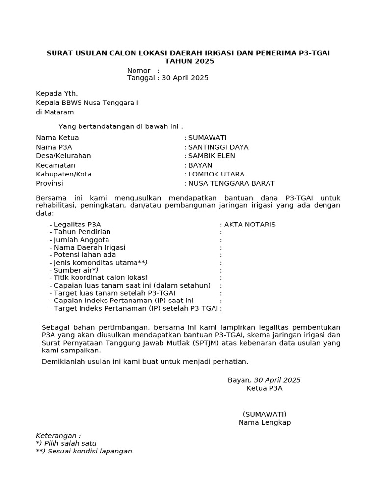 Surat Usulan P3A Santinggi Daya 2025 - P3-TGAI-SPTJM-Skema Petak ...