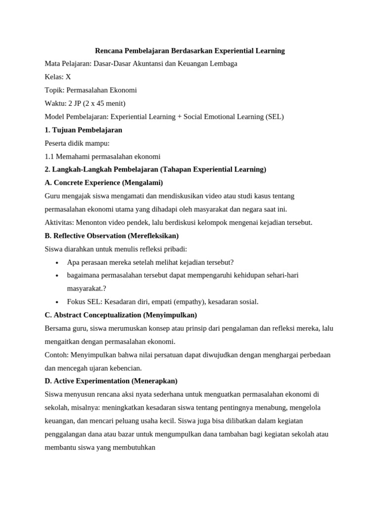 Rencana Pembelajaran Berdasarkan Experiential Learning | PDF