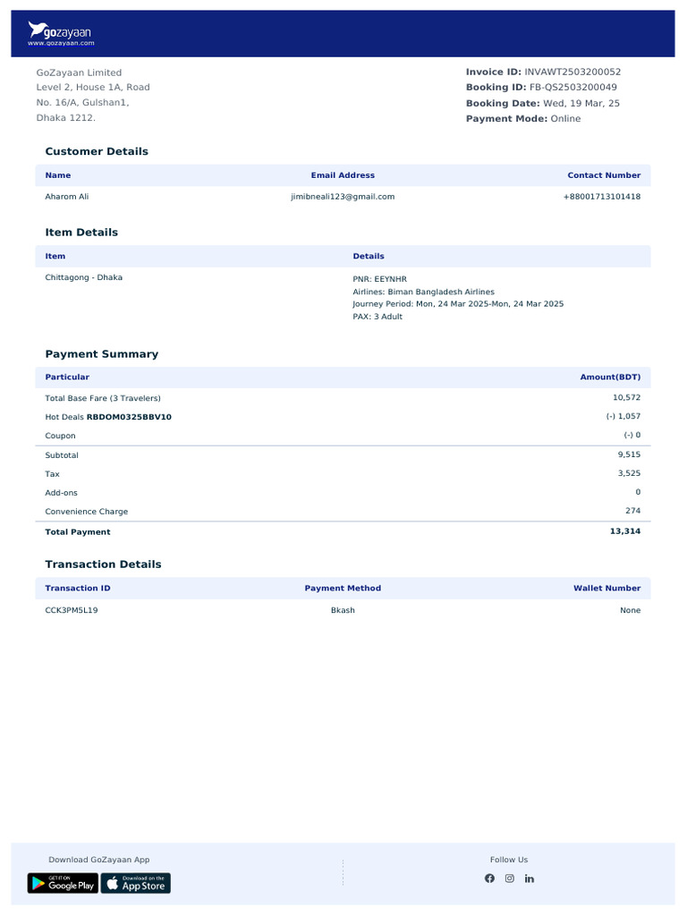 Flight Invoice Attachment Body - INVAWT2503200052 | PDF | Payments ...