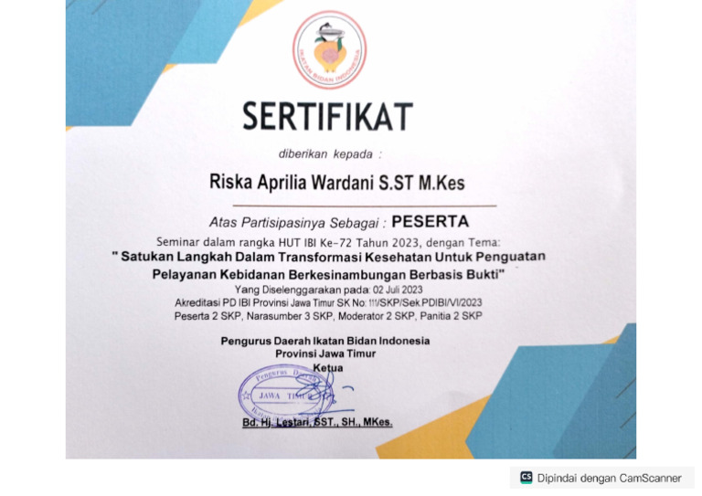 Sertifikat Seminar HUT IBI Prov. Jawa Timur | PDF