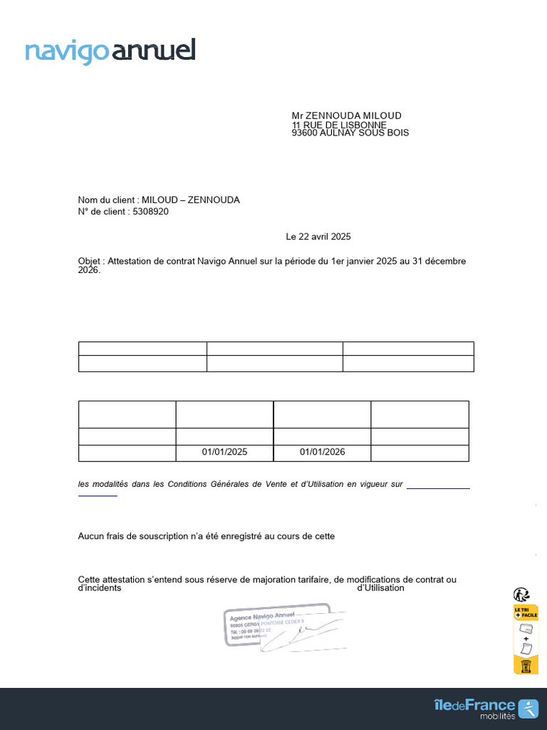 Attestation Navigo Annuel 2025 | PDF | Éphémère | Paiements