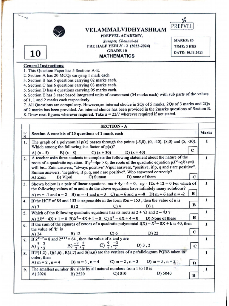 Grade 10 Maths Model 2 Sample Paper | PDF