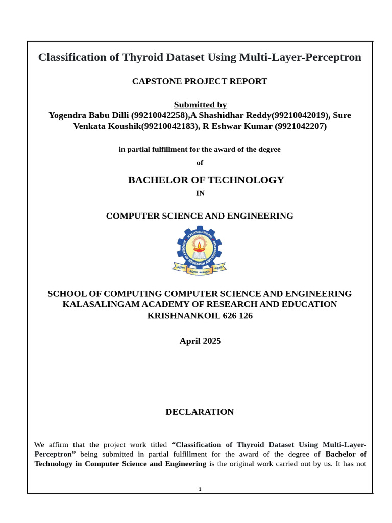 Capstone Project Report Final Classification of Thyroid Dataset Using Multilayer Percetron | PDF ...