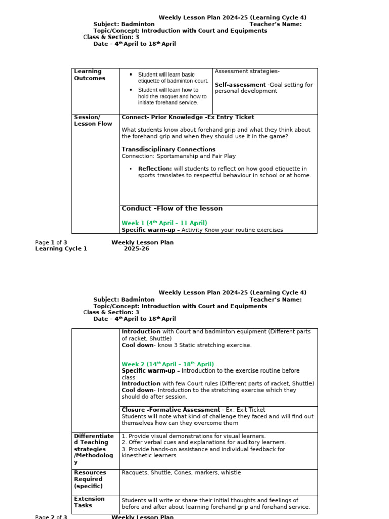 L2L Badminton Lesson Plan Gr-3 | PDF | Lesson Plan | Learning