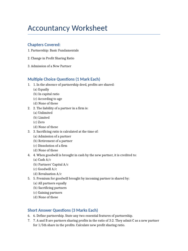 Updated Accountancy Worksheet Class12 | PDF | Goodwill (Accounting ...