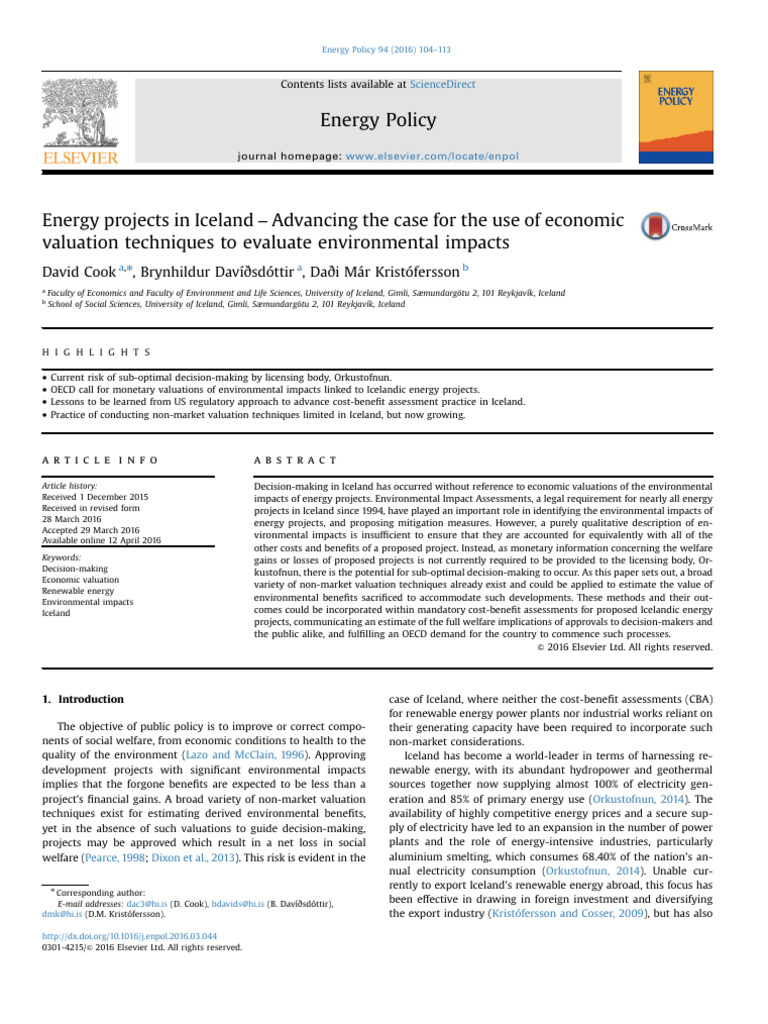 Energy Projects in Iceland Advancing The Case For The Use of Economic ...