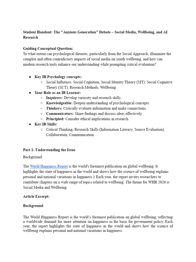 The Anxious Generation Debate - Social Media Wellbeing Student Handout ...