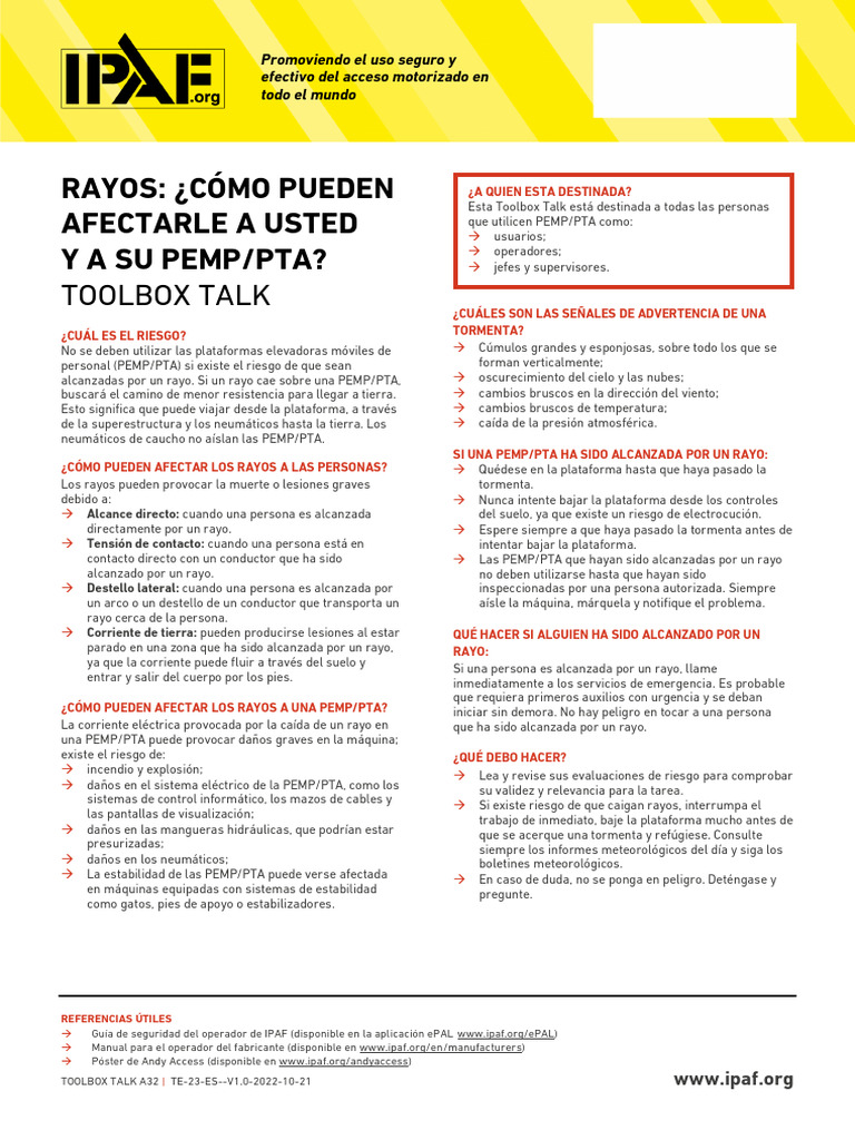 IPAF Toolbox Talk A32 (TE-23-ES - V1.0-2022-10-21) | PDF | Relámpago | Tormentas