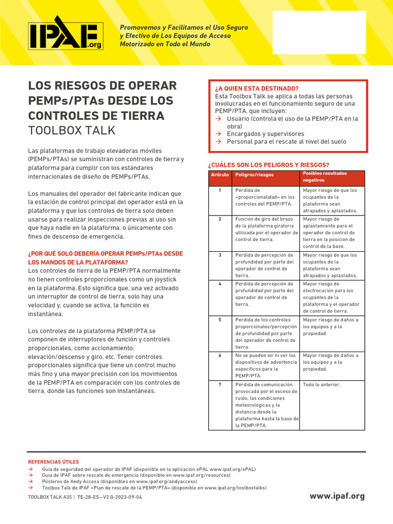 IPAF Toolbox Talk A35 (TE-28-ES - V2.0-2023-09-04) | PDF