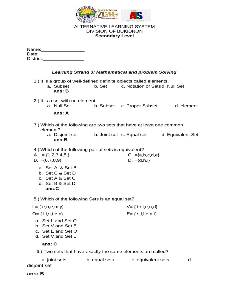 LS 3 MATH-ALS Corrected 40 Items | PDF | Set (Mathematics) | Mean