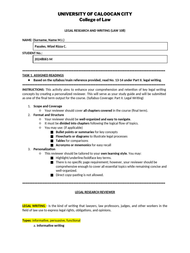 Wizel Payales - OUTPUT 9 - Legal Writing | PDF | Deductive Reasoning ...