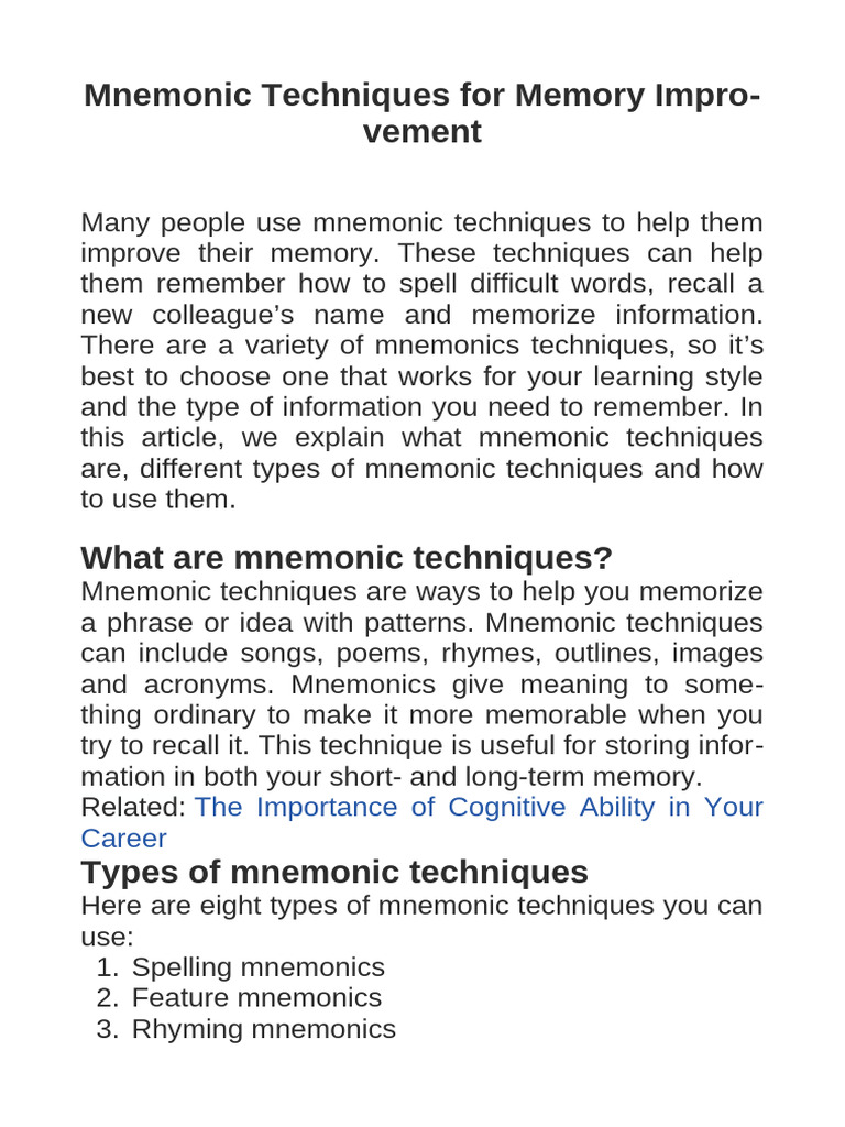 Mnemonic Techniques for Memory Boost | PDF | Mnemonic | Learning