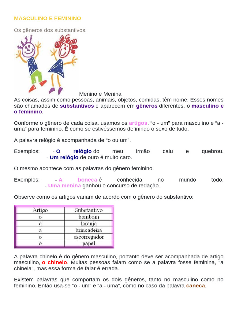 Gêneros dos Substantivos: Masculino e Feminino | PDF