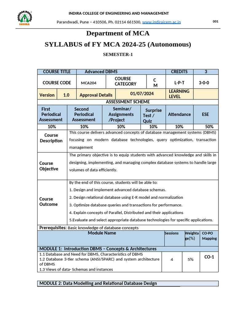MCA Advanced DBMS - Syllabus | PDF | Databases | Computing