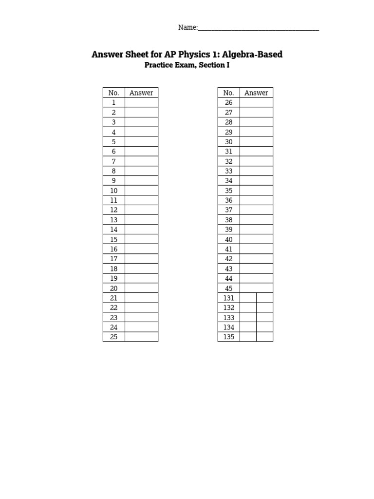 AP Physics 1 Practice Exam Answer Sheet | PDF | Force | Oscillation