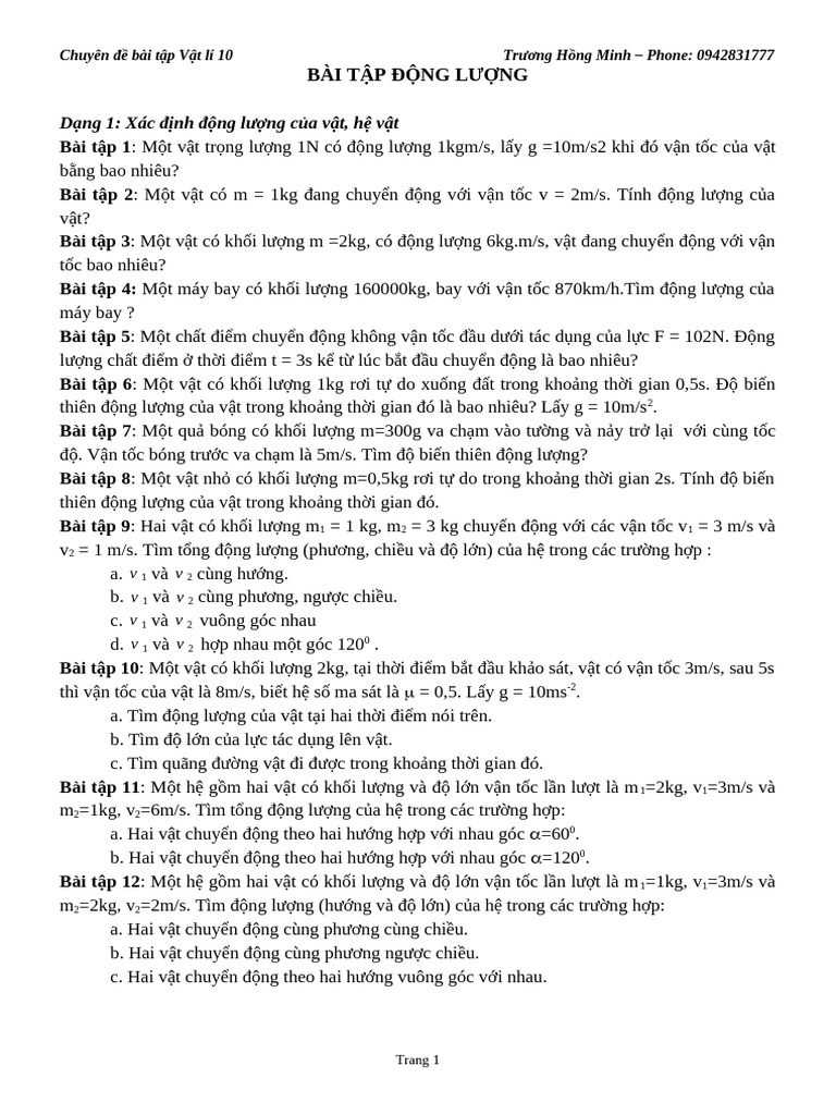 Bai Tap Dong Luong Dinh Luat Bao Toan Dong Luong | PDF