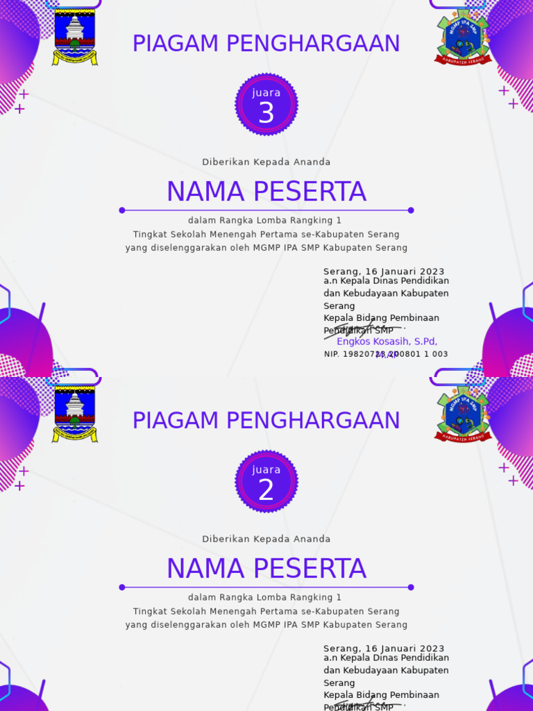 Piagam Penghargaan Juara Lomba Rangking 1 Dan Sertifikat Partisipasi ...