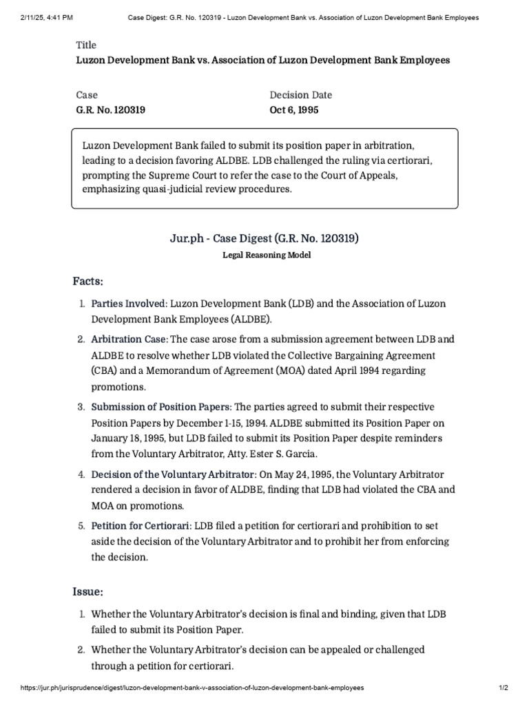 Case Digest - G.R. No. 120319 - Luzon Development Bank vs. Association ...