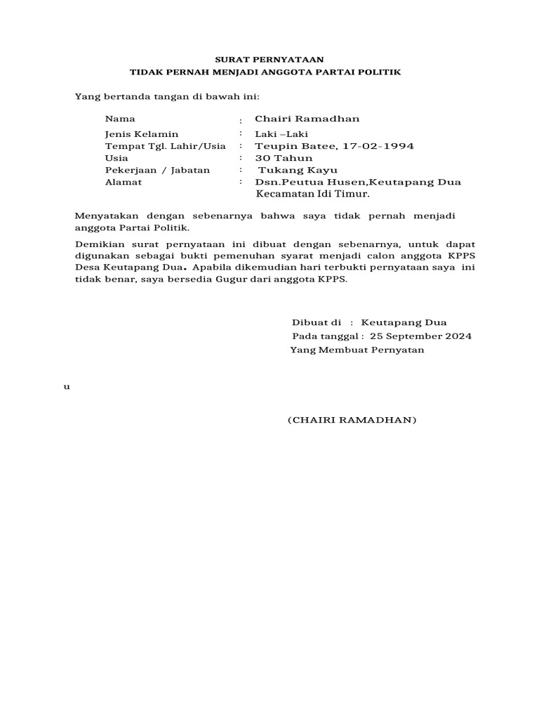Form Surat Pernyataan Tidak Menjadi Anggota Parpol | PDF