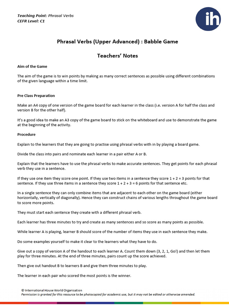 Phrasal Verbs - Babble Game (CEFR C1) | PDF | Linguistics | Syntax