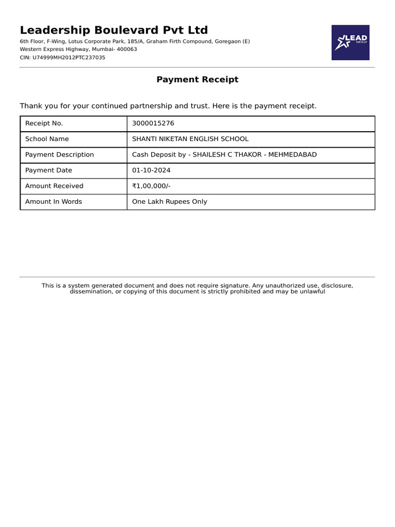 Payment Receipt for Shanti Niketan School | PDF